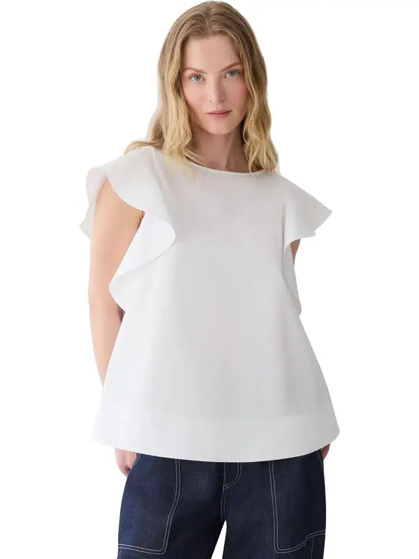 Lafayette 148 New York Organic Cotton Poplin Ruffle Sleeveless Shirt - White