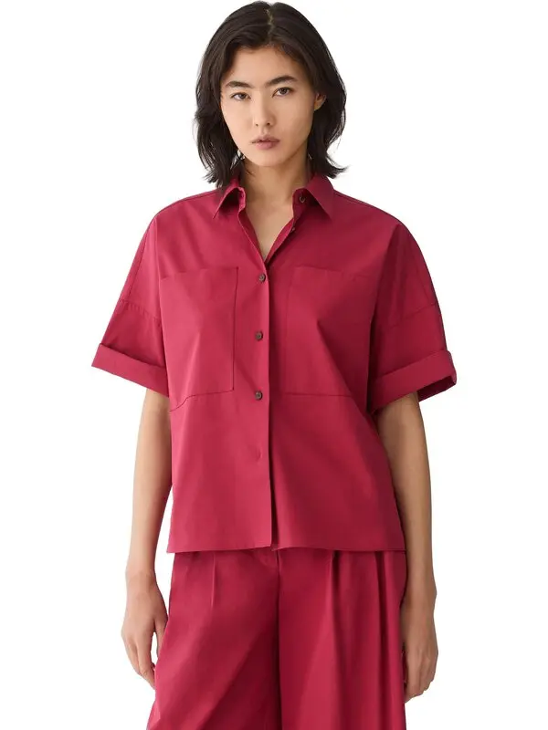 Lafayette 148 New York Organic Cotton Poplin Patch Pocket Shirt - Scarlet Hollyhock