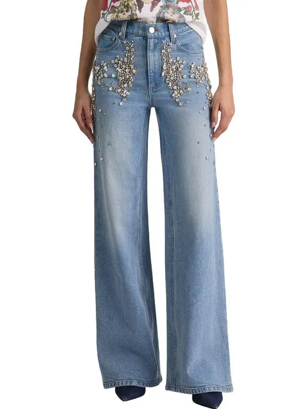 Alice + Olivia Embellished Wide Leg Jean - Denim
