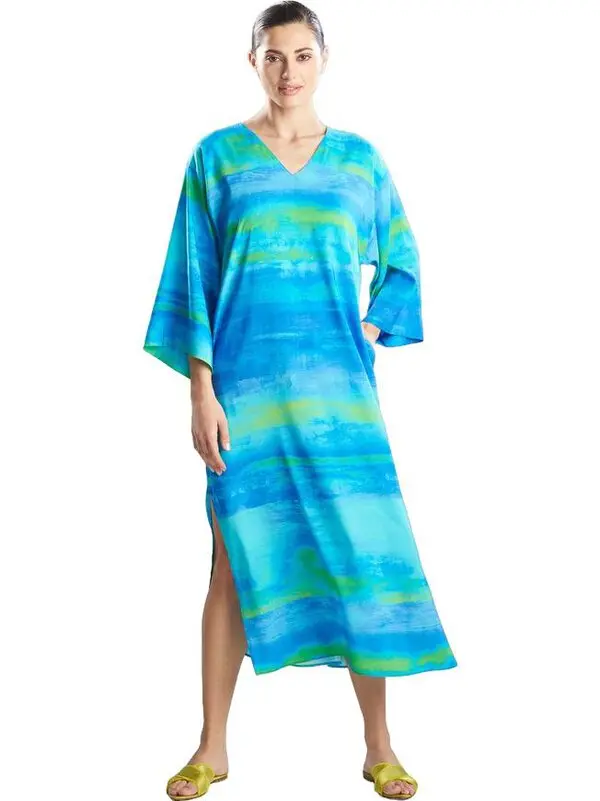 Natori Printed Satin Slim Caftan - Natural