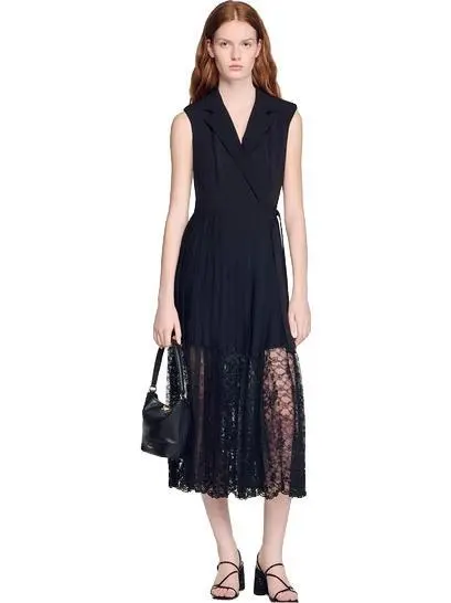 Sandro Lace Skirt Fitted Midi Dress - Black