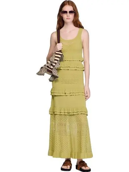 Sandro Ruffled Knit Maxi Dress - Green