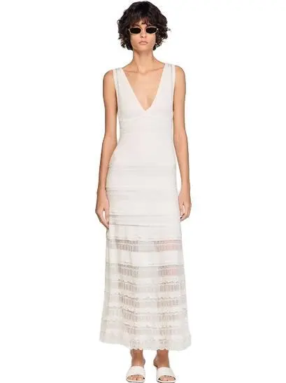 Sandro Pointelle Knit Maxi Dress - White