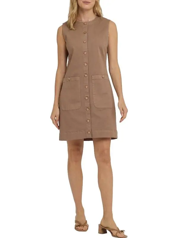 NYDJ Sleeveless Cotton-blend Shirt Dress With Patch Pockets - Toasted Coconut