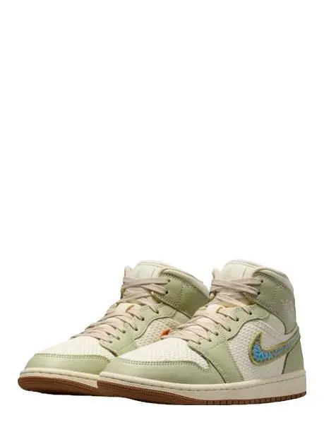 JORDAN Air 1 Mid Se Basketball Sneakers - Olive Aura/blue/pearl White