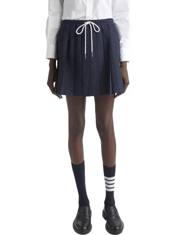 Thom Browne Pleated Wool Seersucker Miniskirt - Navy