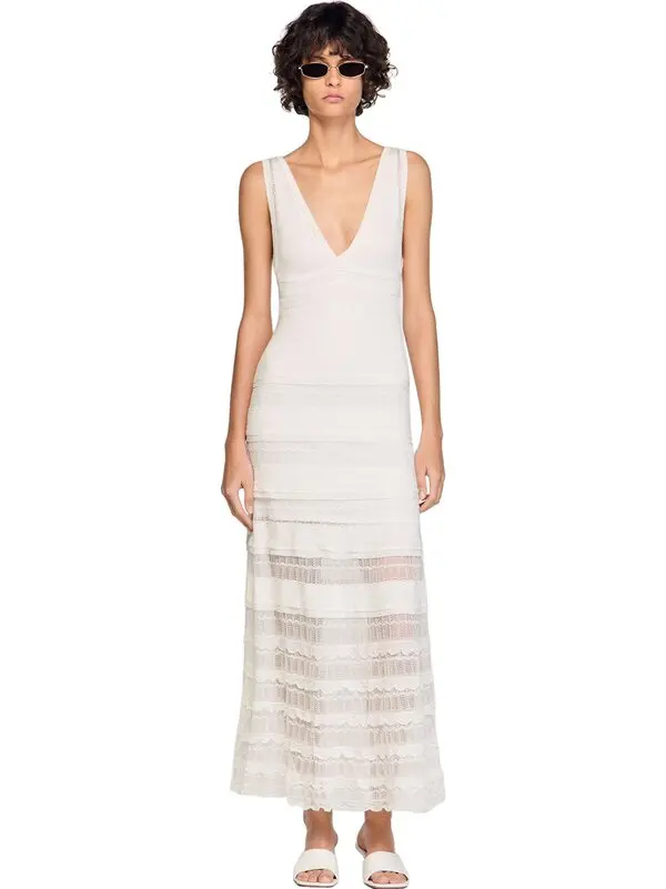 Sandro Pointelle Knit Maxi Dress - White