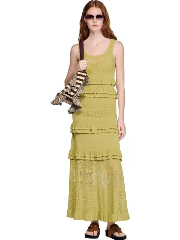 Sandro Ruffled Knit Maxi Dress - Green