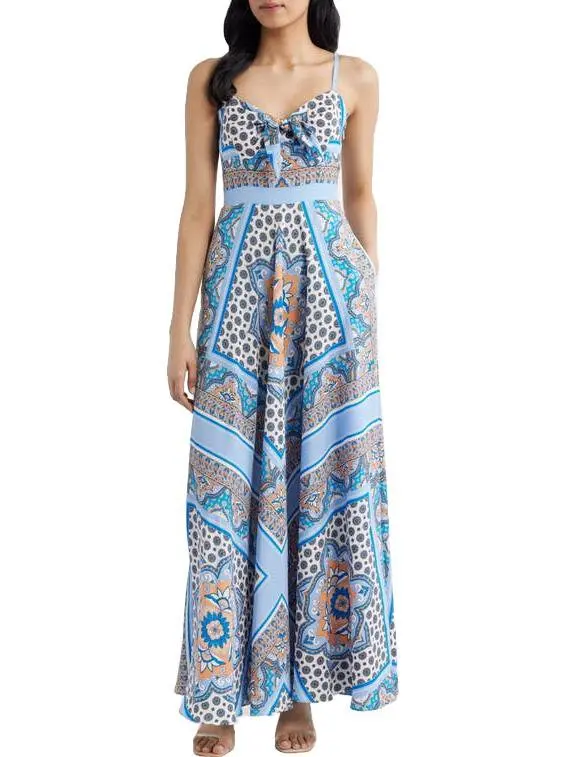 Eliza J Tie Front Maxi Sundress - Blue Multi