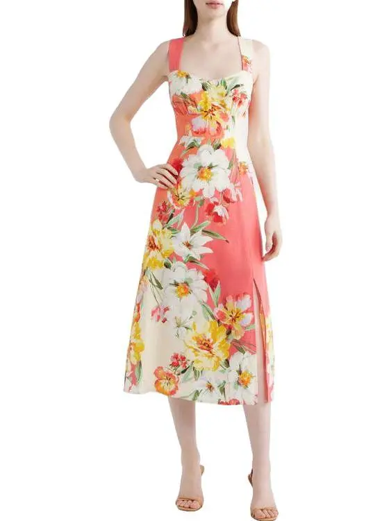Vince Camuto Floral Print Fit & Flare Midi Dress - Coral Multi