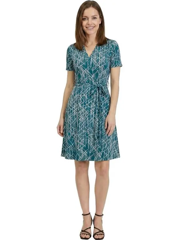 24SEVEN COMFORT APPAREL A-line Midi Dress With Geometric Print - Blue Multi