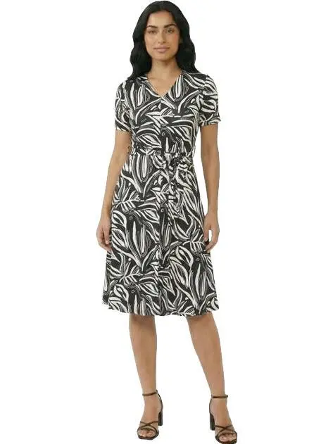 24SEVEN COMFORT APPAREL Essential Petite Abstract V-neck Midi Dress - Black Multi