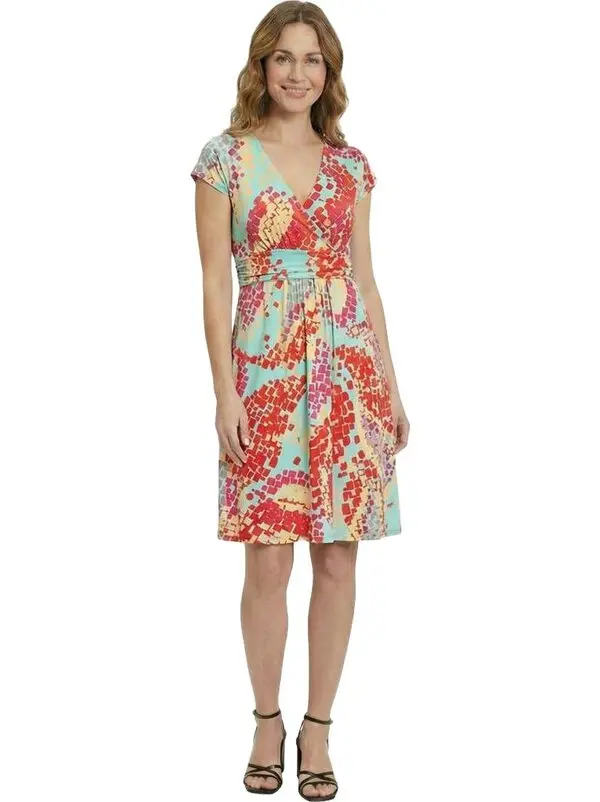 24SEVEN COMFORT APPAREL Mosaic V-neck A-line Knee Length Dress - Blue Multi