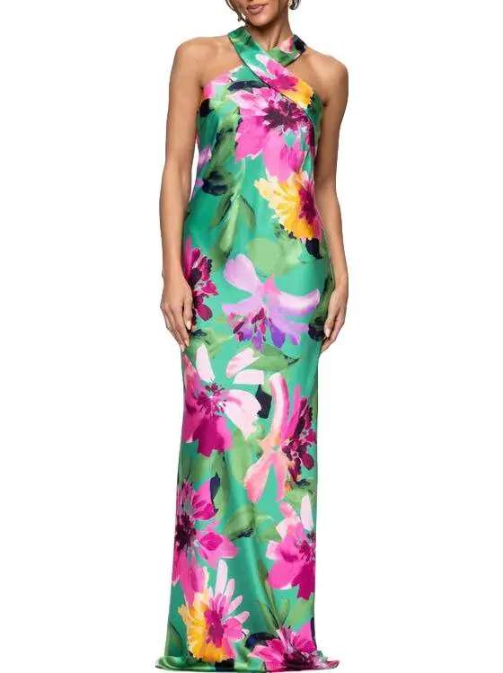 XSCAPE EVENINGS Floral Stretch Satin Column Gown - Green/multi