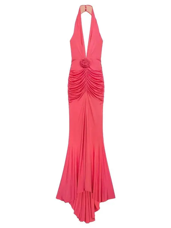 Blumarine Rose-appliqué Halterneck Maxi Dress - Pink