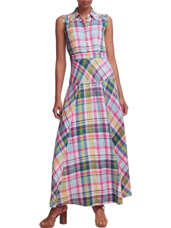 Boden Erma Madras Linen Maxi Dress - Blue Pink And Green Madras
