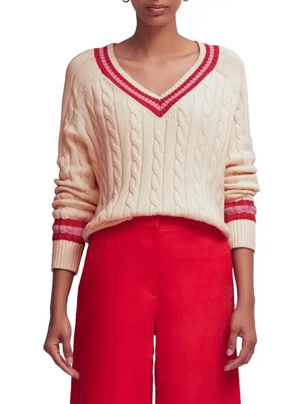 Boden Cable Stitch V-neck Sweater - Ivory Cable Red