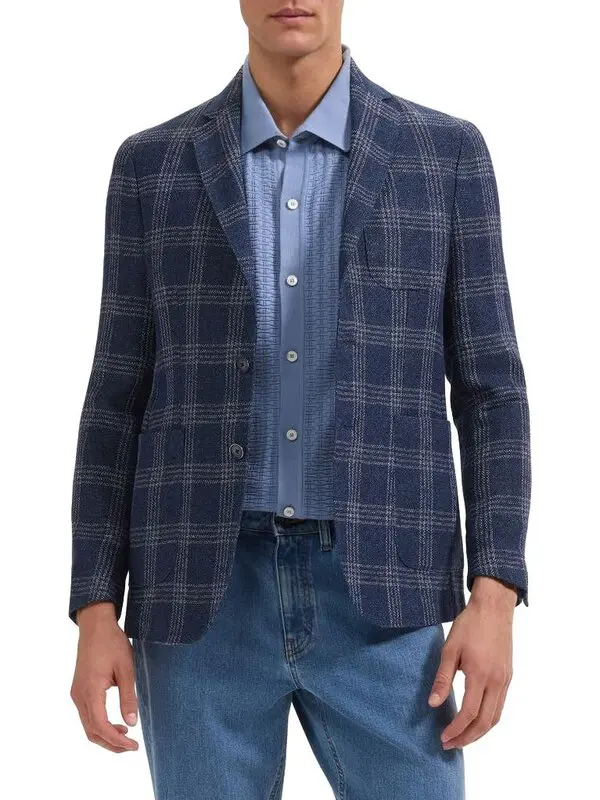 Bugatchi Windowpane Check Cotton & Linen Blend Blazer - Navy