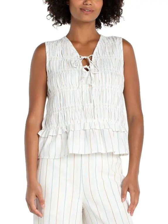 LIVERPOOL Stripe Smocked Tie Sleeveless Cotton Tank - Cream/blue Multi Stripe