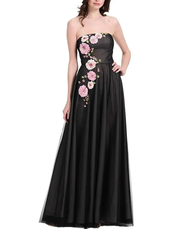 EMILY SHALANT 3d Floral Strapless Tulle Gown - Black Multi