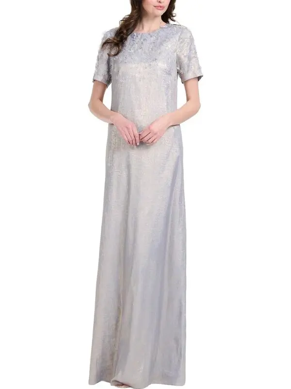 EMILY SHALANT Beaded Metallic Chiffon Gown - Light Blue