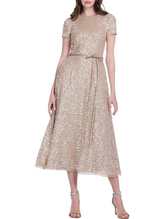 EMILY SHALANT Sequin-encrusted Tie-waist Cocktail Dress - Suntan