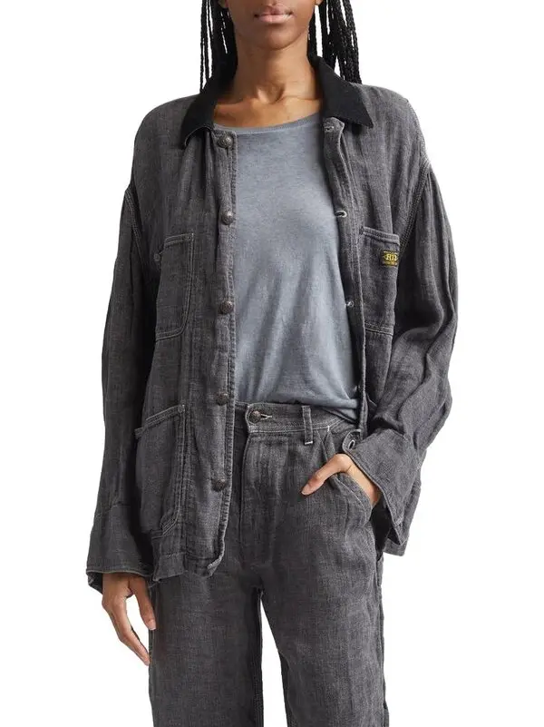 R13 Relaxed Fit Linen And Cotton Chore Jacket With Corduroy Collar - Charcoal Grey Linen