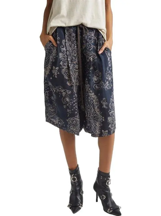 R13 Pleated Jumbo Drawstring Waist Cupro Shorts - Blue Medallion Print
