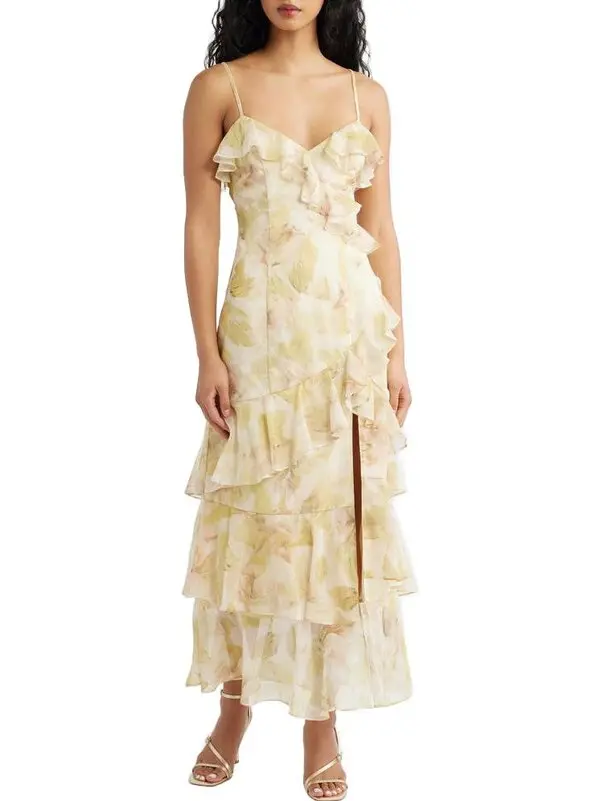 Lulus Ruffled Floral Evening Dress - Yellow Floral