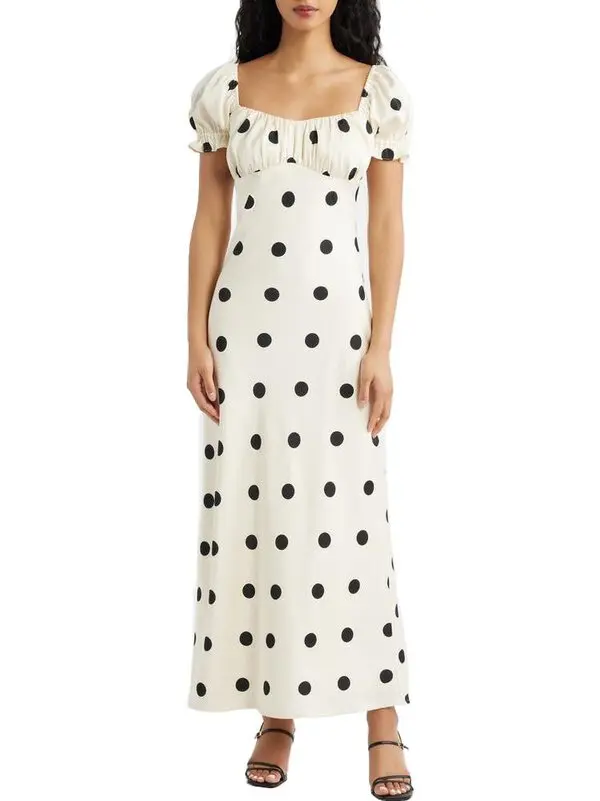 Lulus Dot Puff Sleeve Maxi Dress - Ivory/black Polka Dot
