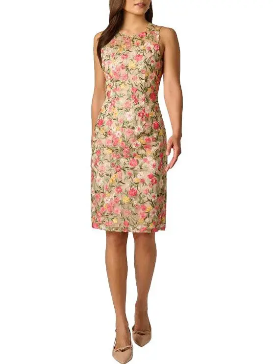 Adrianna Papell Floral Embroidered Illusion Sheath Dress - Coral Multi