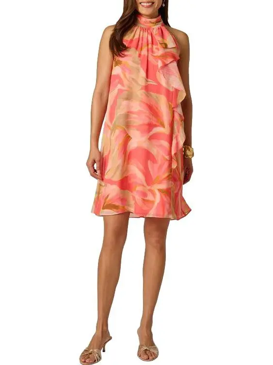 Adrianna Papell Floral Print Halter Trapeze Dress - Coral Multi