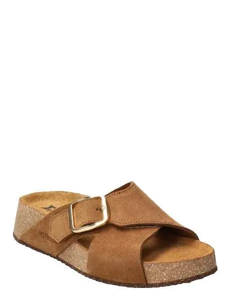Mephisto Buckle Strap Wedge Slides - Tobacco