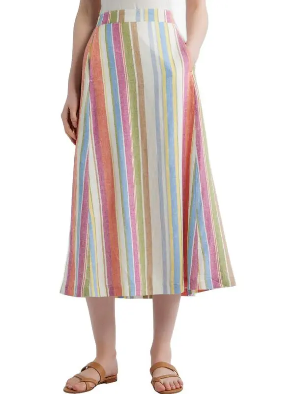 Pendleton Striped Linen Blend Midi Skirt - Ivory Multi Stripe