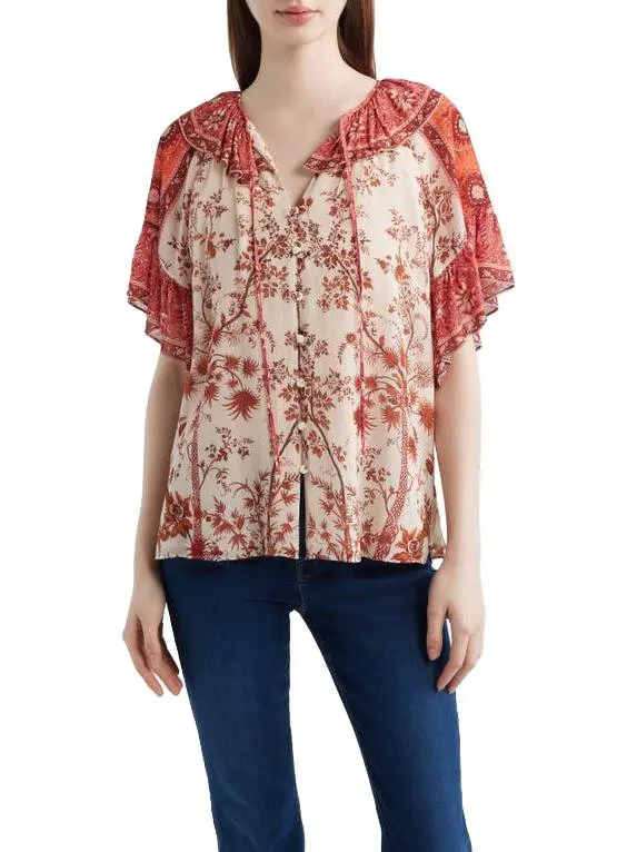 Kobi Halperin Floral Print Flutter Sleeve Top - Bright Coral Multi