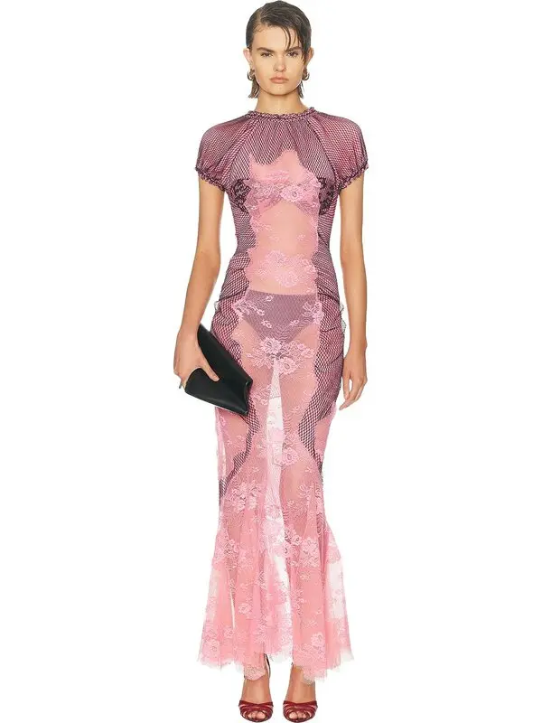 Attico Sheer Lace Midi Dress - Black & Pink
