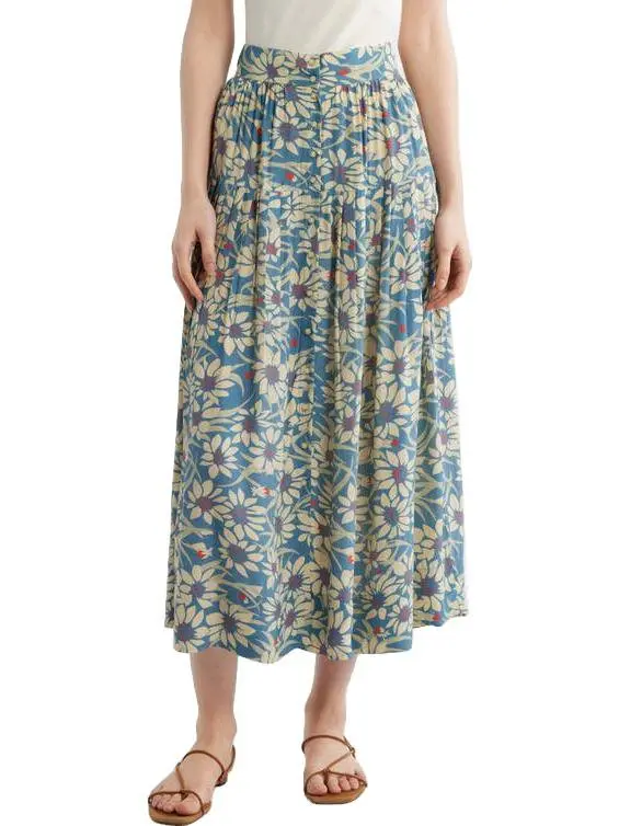 The Great. The Highland Floral Button Front Skirt - Blue Scattered Bloom