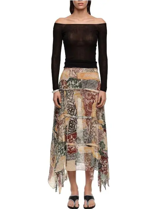 Bimba Y Lola Lace Fringed Midi Skirt - Lace Print Ivory