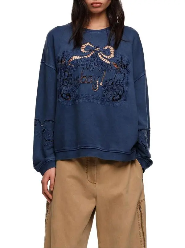 Bimba Y Lola Faded Sweatshirt With Broderie Anglaise Logo - Blue