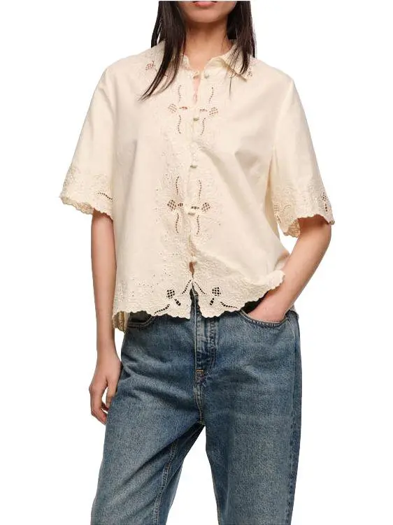 Bimba Y Lola Embroidered Linen-cotton Shirt - Beige