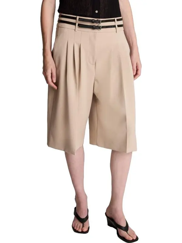 KENNETH COLE Belted Pleated Bermuda Shorts - Timeless Taupe