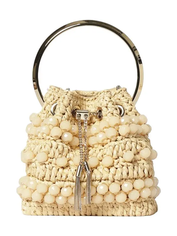JIMMY CHOO Embellished Raffia Bucket Bag - Gold