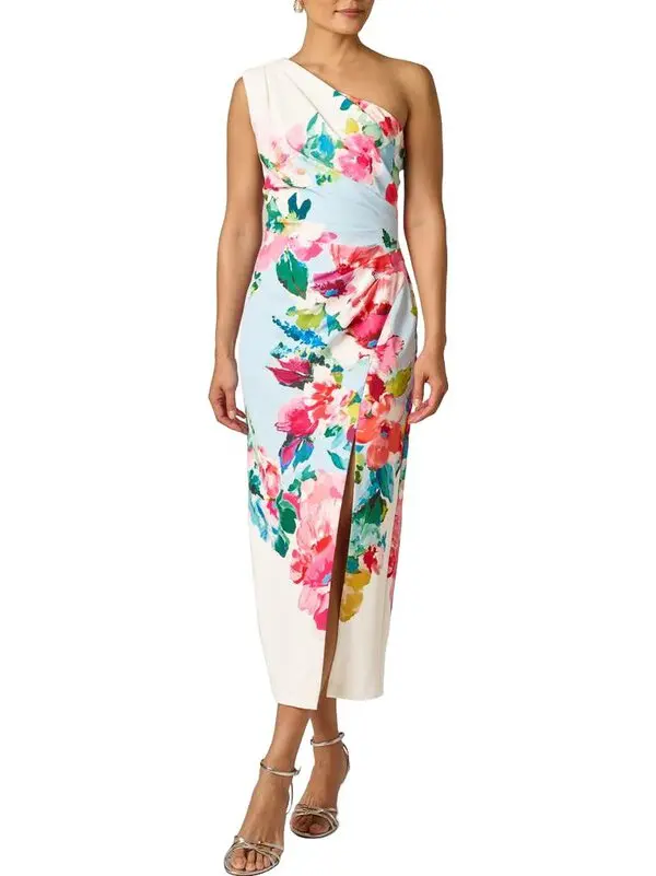 Adrianna Papell One-shoulder Floral Gown - Blue Multi