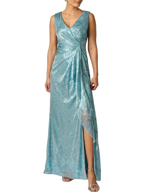 Adrianna Papell Metallic Crinkle Sleeveless Mesh Gown - Blue