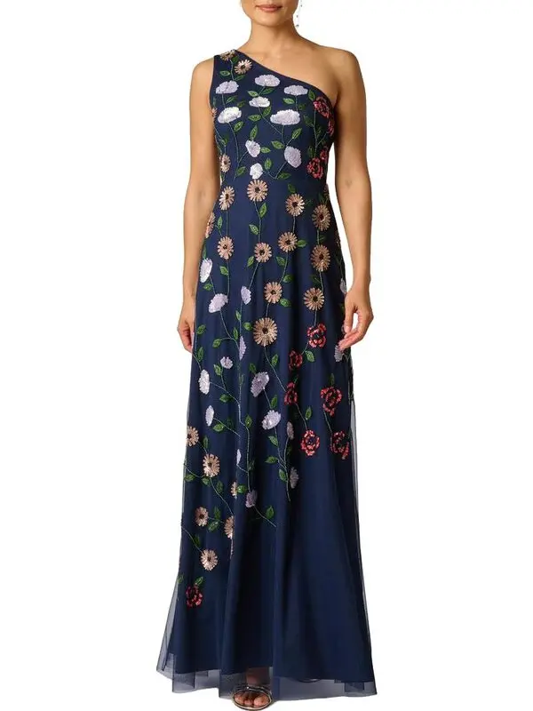 Adrianna Papell Beaded One-shoulder Mesh Gown - Navy Multi