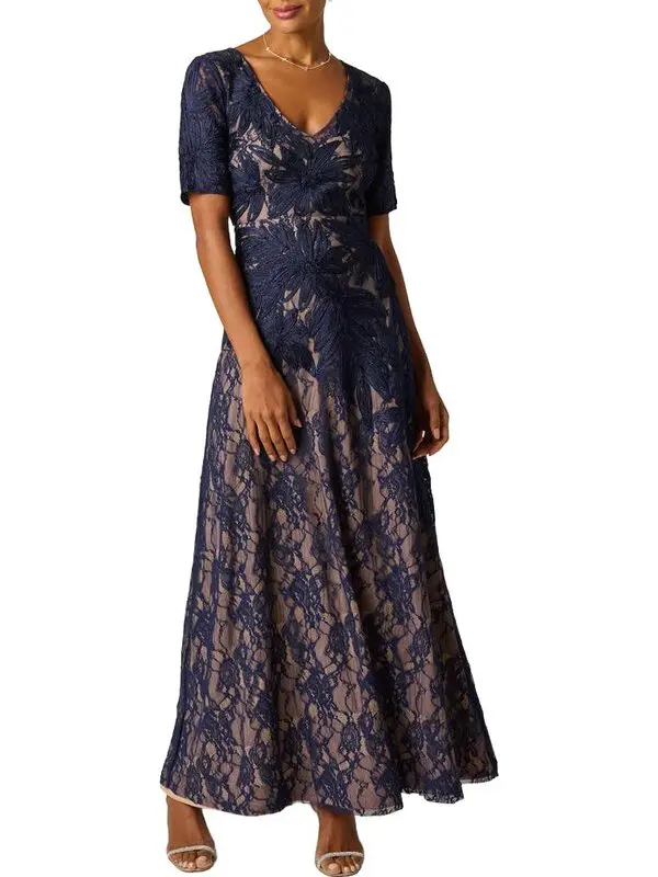 Adrianna Papell Soutache Lace Gown - Navy/nude