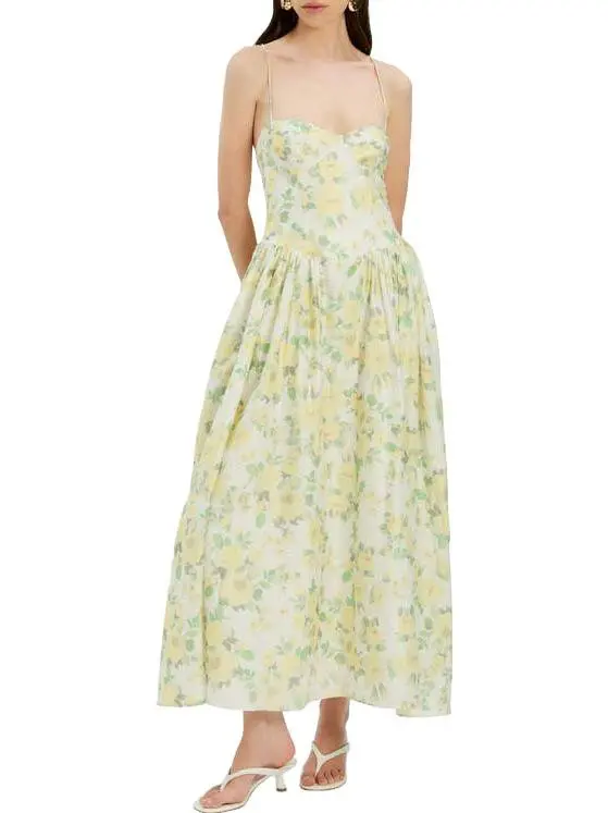 Bardot Estie Printed Lace Back Maxi Dress - Yellow Floral