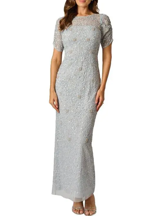 Adrianna Papell Ruched Sleeve Beaded Gown - Glacier