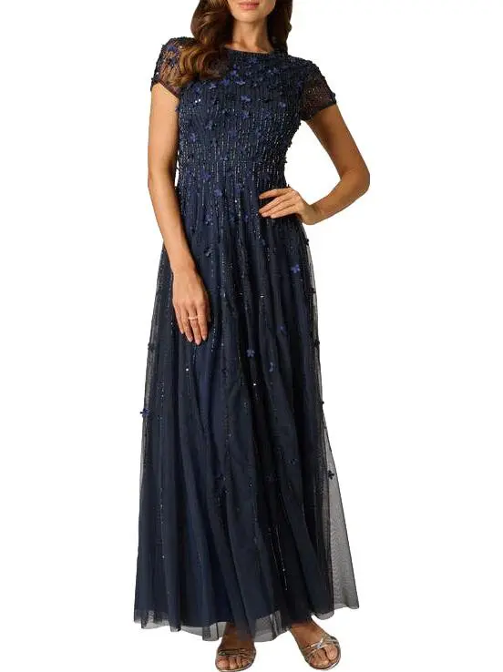 Adrianna Papell Beaded Appliqué Gown - Navy