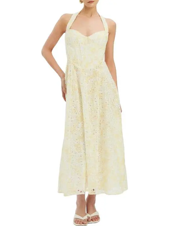 Bardot Eyelet Halter Midi Dress - Yellow Floral